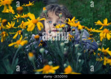 Portrait of girl hiding behind flowers Stock Photo - Alamy