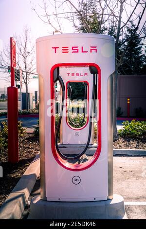 Fremont, CA, USA - January 20, 2021: Tesla factory plant, an American ...