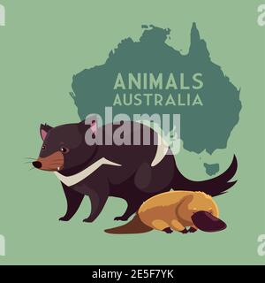 tasmanian devil australian continent map animal wildlife vector ...