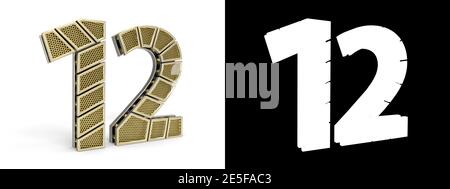 Gold number 12 (number twelve) with perforated black metal background ...