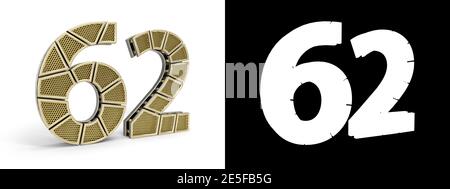 Gold number 62 (number sixty-two) with perforated black metal ...