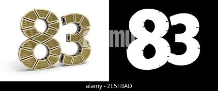 Gold number 83 (number eighty-three) with perforated black metal ...