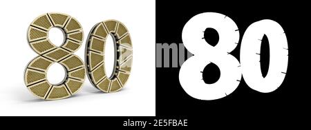 Gold number 80 (number eighty) with perforated black metal background ...