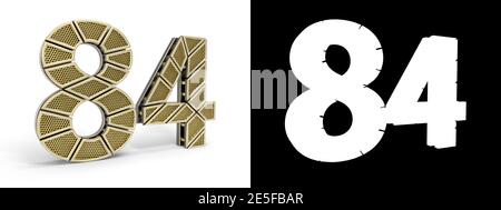 Gold number 84 (number eighty-four) with perforated black metal ...