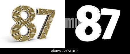 Gold number 87 (number eighty-seven) with laurel branch with alpha channel. 3D illustration ...