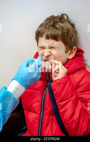 Doctor tacking a coronavirus test to an elementary age boy's nose with ...
