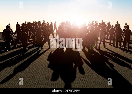 large crowd of people rushing to work concept at sunset 3d render Stock ...