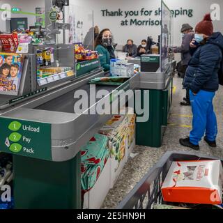 Customers at checkout of Morrisons supermarket England, UK Stock Photo ...