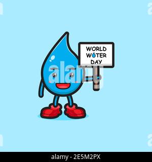 Cute water character holding board save water cartoon vector icon ...