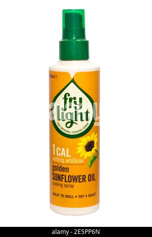 Bottle of fry light golden sunflower oil cooking spray isolated on ...