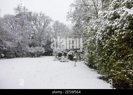 Snow covered suburban back garden in the UK Stock Photo - Alamy