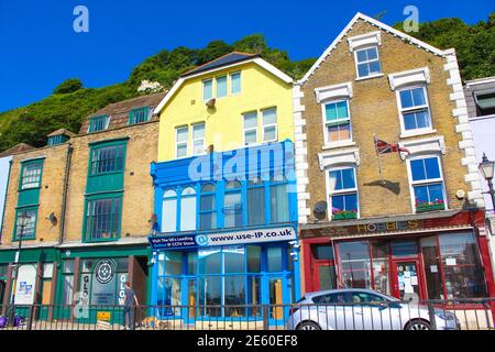 Colorful houses along A20 motorway in Dover.The A20 is a major road in ...