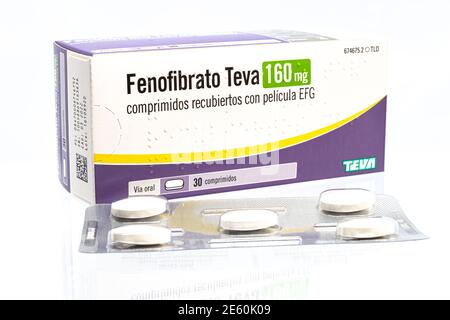 Fenofibrate cholesterol lowering drug (fibrate class) molecule. Blue ...