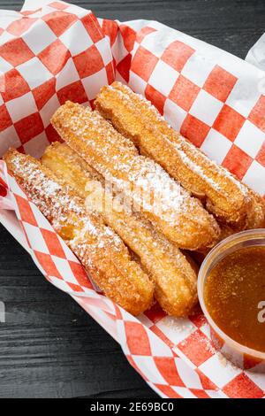 Churros take away set in paper tray, top view flat lay Stock Photo - Alamy