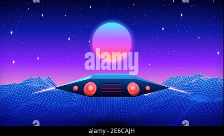Arcade space ship flying over the road with 3D buildings, 80s style ...