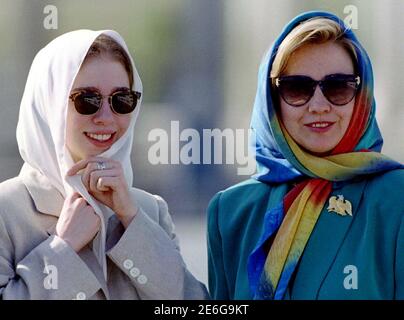 US first lady Hillary Clinton shares a laugh with Tipper Gore during an ...