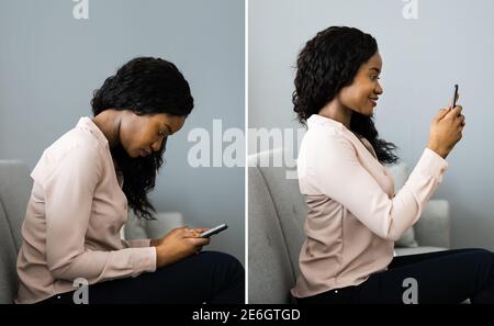 Before After Neck Pain Posture Using Mobile Phone Stock Photo - Alamy