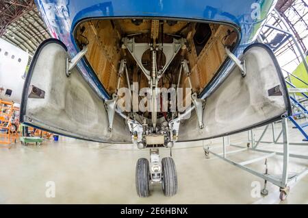 Front landing gear view of the opening of the chassis wing, the inside ...