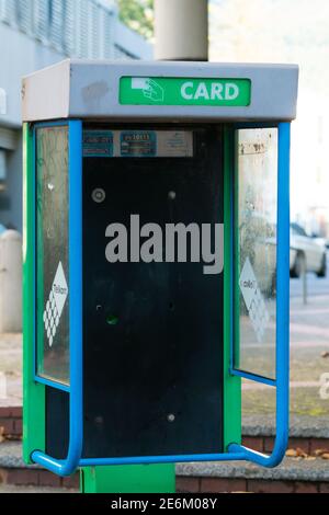 Telkom phone box or booth which has been vandalised and is empty in ...