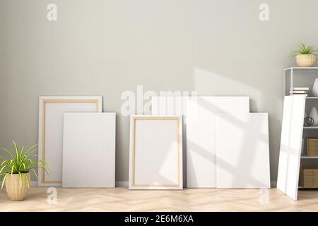 3D render of a blank canvas leaning against a wall in a room interior ...
