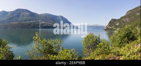 The great suspension bridge Hardangerbrua across the Eidfjorden in ...