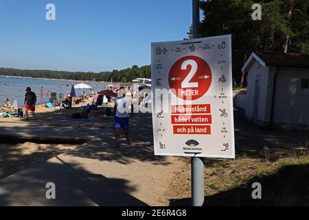 MOTALA, SWEDEN- 16 AUGUST 2020: Aerial view of the beach at Varamobaden ...