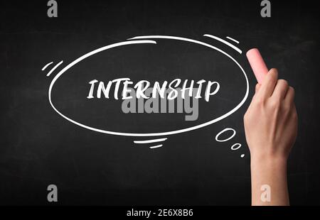 Hand drawing INTERNSHIP inscription with white chalk on blackboard ...