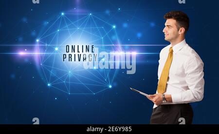 Businessman thinking about security solutions with PRIVACY ALERT ...