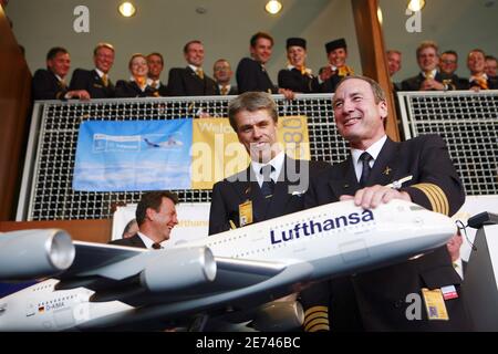 Lufthansa pilot Juergen Raps (R) and co-pilot Raimund Muller (L) with ...