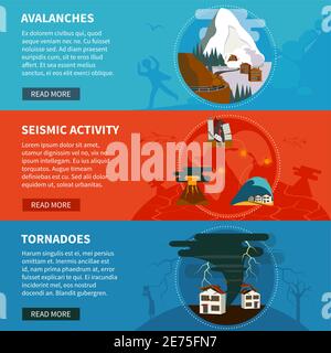 Natural disasters set of horizontal banners with tsunami, burning house ...