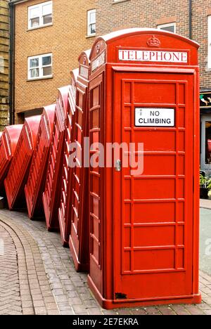 British UK Phone Boxes Falling Over Art Installation Stock Photo - Alamy