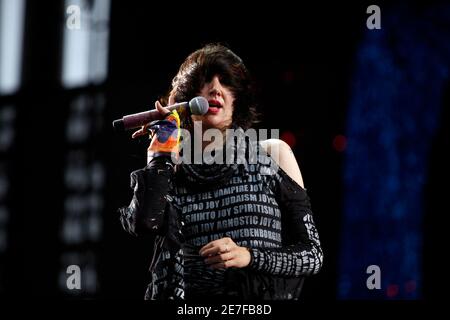 Karen O lead singer in the Yeah Yeah Yeahs performing at the Bowery ...