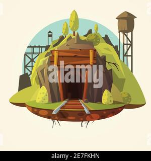 Cartoon mining elements. Mine cave entrance, mining elevator and tools ...