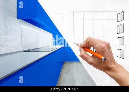 Beautiful Custom Kitchen Design Drawing and Photo Combination Stock ...