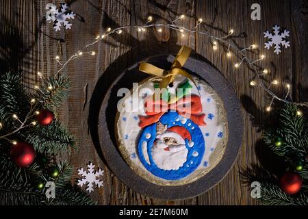 Decorated gingerbread with two cartoon cow characters. Christmas flat ...