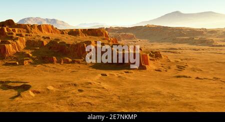 Sunset on Mars. Martian landscape, dry river bed on Mars. 3D rendering ...