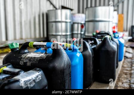 Plastic containers containing chemical waste from laboratories, waste ...