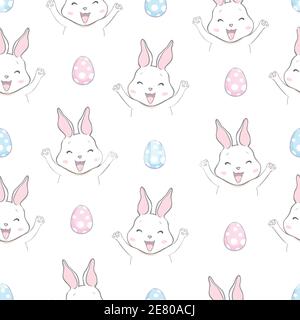 Seamless rabbit pattern. Cute bunny with bouquet of strawberries and funny bee on white ...
