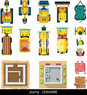 Construction machines top view with bulldozer and excavator flat ...
