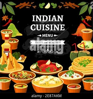 Indian cuisine food menu cover, traditional India restaurant dishes ...