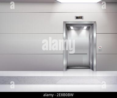 Realistic empty elevator hall interior with close metallic lift doors ...