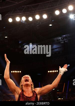 Ina Menzer from Germany celebrates after winning her WIBF/WBC/WBO World ...