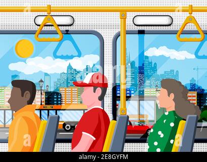 Interior of bus salon. Public city transport. Empty lounge inside ...