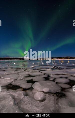 northern lake at night View to northern leafless forest in winter under ...