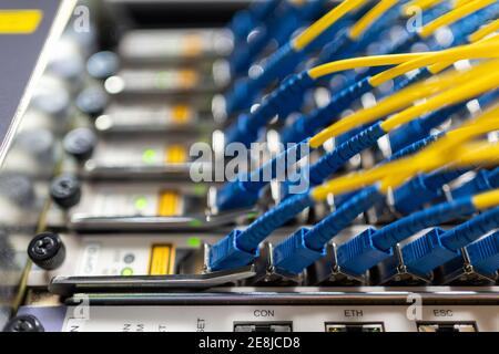 Control panel of optical fiber wires installed in communications room ...