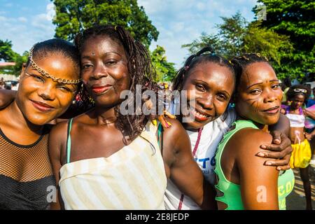 Girls posing at the Carneval in the town of Sao Tome, Sao Tome and ...