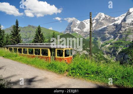 Narrow-gauge Lauterbrunnen–Mürren Mountain Railway or BLM, or ...