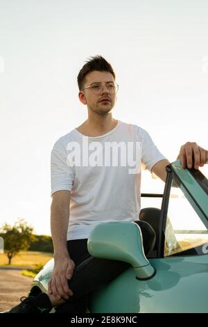 White european young model with a blonde hair portrait on the city ...