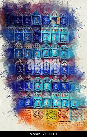 Souvenirs and gifts on the streets of Chefchaouen. Beautiful magnets on ...