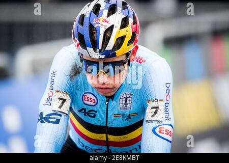 Belgian Wout Van Aert crosses the finish line at the Kasteelcross ...